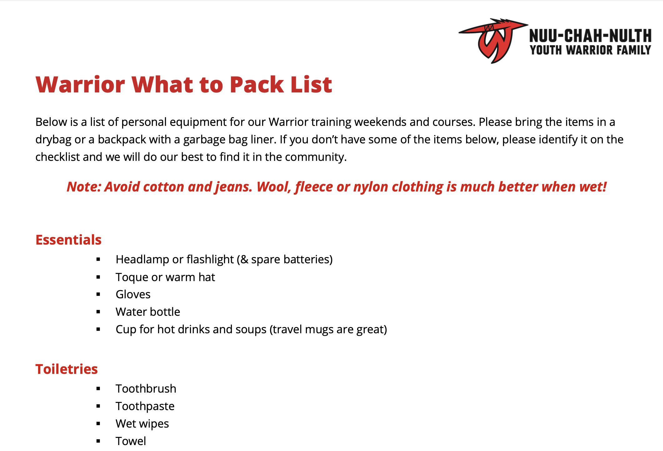 Warrior Program Packing List - YOLO Community